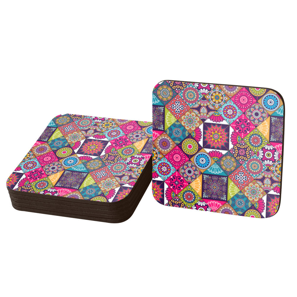 Vibrant Bohemian Printed MDF Coaster Set – Heat-Resistant & Absorbent